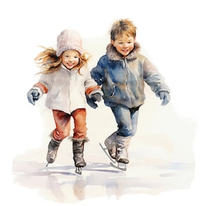 12 Kids Ice Skating Clipart, Kids in Winter, Printable Watercolor ...