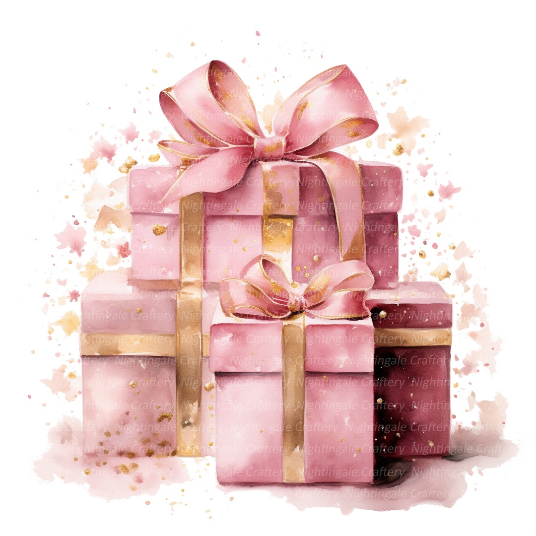 7 Golden Pink Gifts Clipart, Adorable Gifts, Printable Watercolor ...
