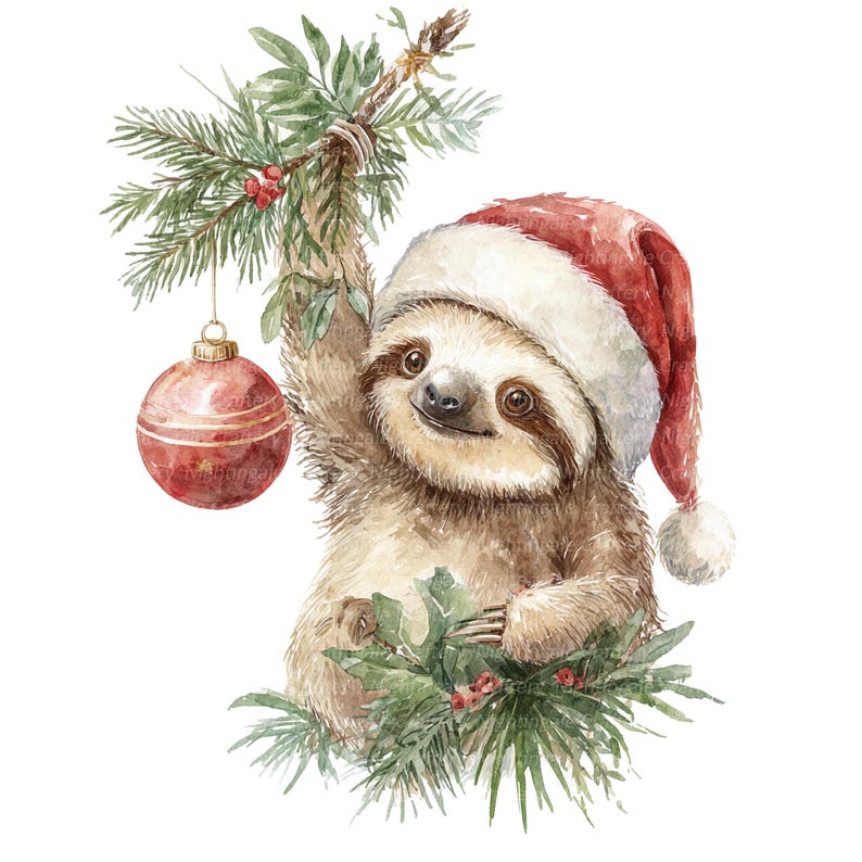 10 Christmas Sloth Clipart, Cute Sloth, Printable Watercolor Clipart ...