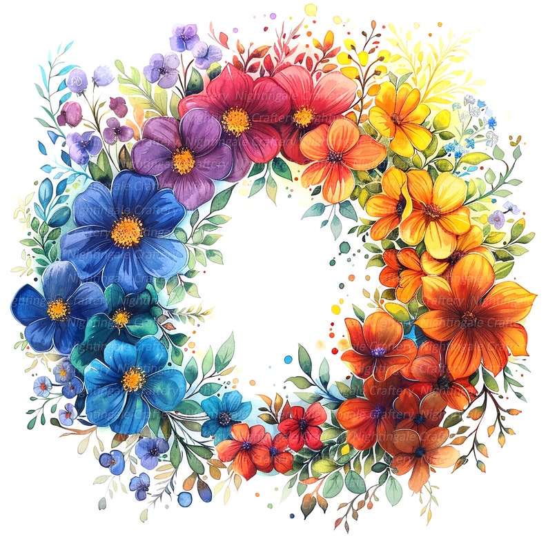 12 Floral Rainbow Clipart, Floral Wreath, Rainbow Clipart, Printable ...
