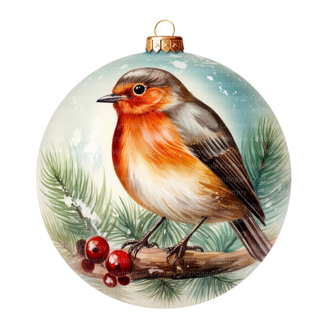 10 Vintage Christmas Robin Bauble Clipart, Printable Watercolor Clipart ...