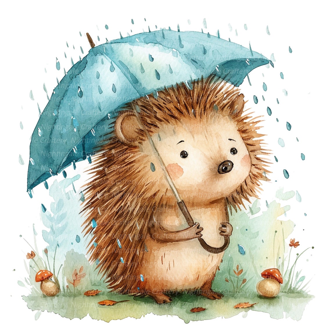 8 Hedgehog Rainy Clipart, Hedgehog and Umbrella, Printable Watercolor ...