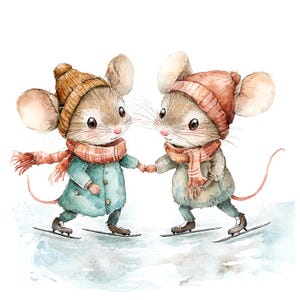 10 Cute Mice Skating Clipart, Ice Skating, Printable Watercolor Clipart ...