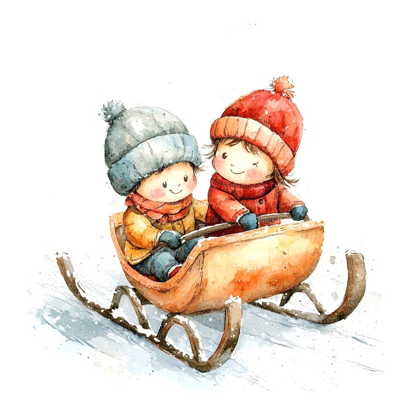 12 Kids in Sleigh Clipart, Christmas Clipart, Printable Watercolor ...