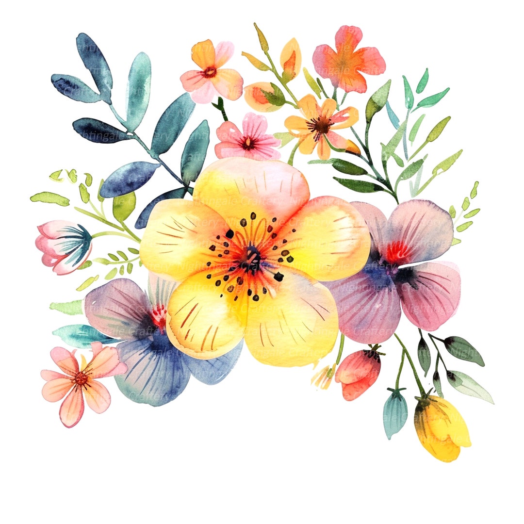10 Spring Flowers Bouquet Clipart, Printable Watercolor Clipart, High ...