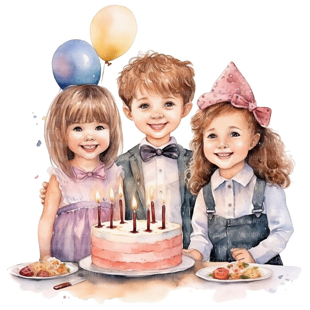 9 Kids Celebrating Clipart, Kids Birthday, Printable Watercolor Clipart ...