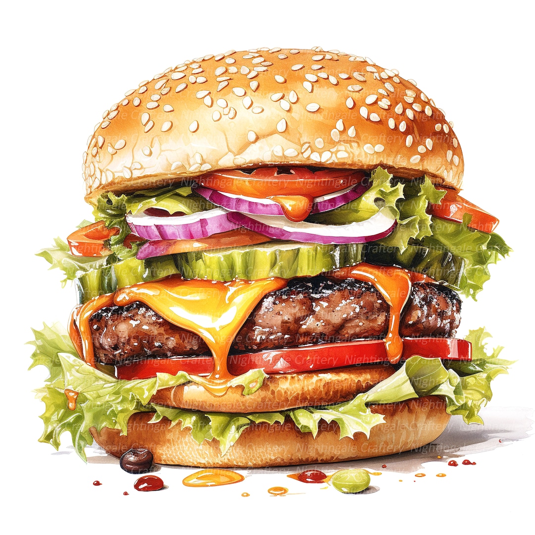10 Tasty Hamburger Clipart, Fast Food Clipart, Printable Watercolor ...
