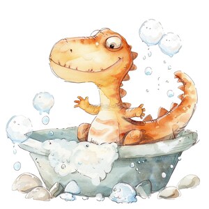 12 Cartoon Dinosaur Clipart, Dinosaur in Bath, Printable Watercolor ...