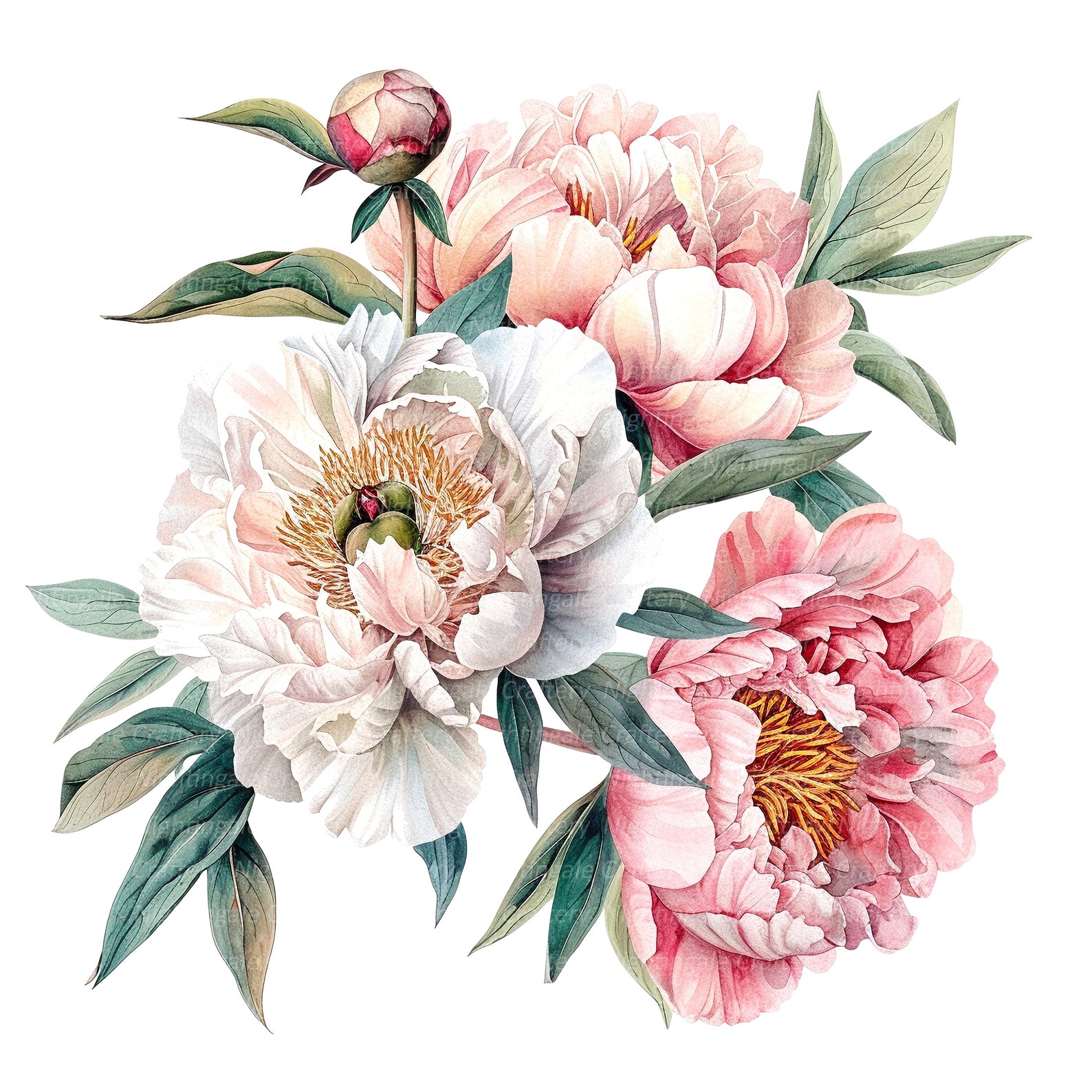 10 Peonies Bouquet Clipart, Peonies Print, Printable Watercolor Clipart ...