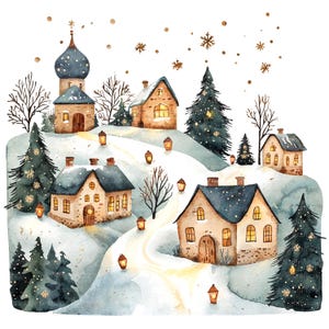 10 Christmas Village Clipart, Christmas Card, Printable Watercolor ...