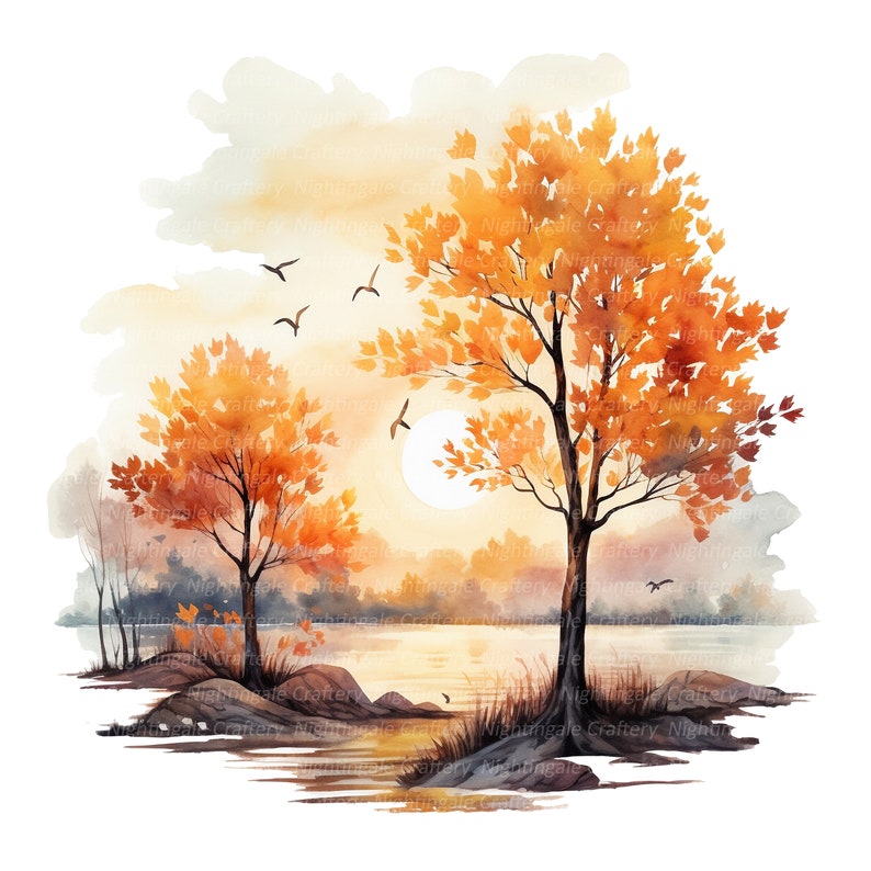 12 Sunset in Autumn Clipart, Fall Landscape, Printable Watercolor ...