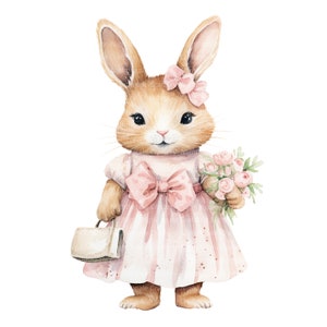 Cute Bunny in Pink Dress Clipart, Printable Watercolor Clipart, 12 High ...