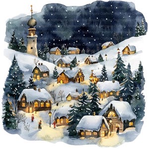 10 Christmas Village Clipart, Christmas Card, Printable Watercolor ...
