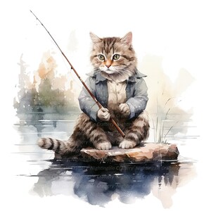 10 Cat Fishing Clipart, Cat Fisherman, Printable Watercolor Clipart ...