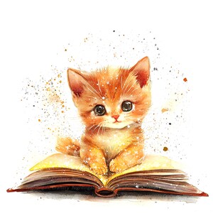 10 Cat and Magic Book Clipart, Fantasy Book, Printable Watercolor ...