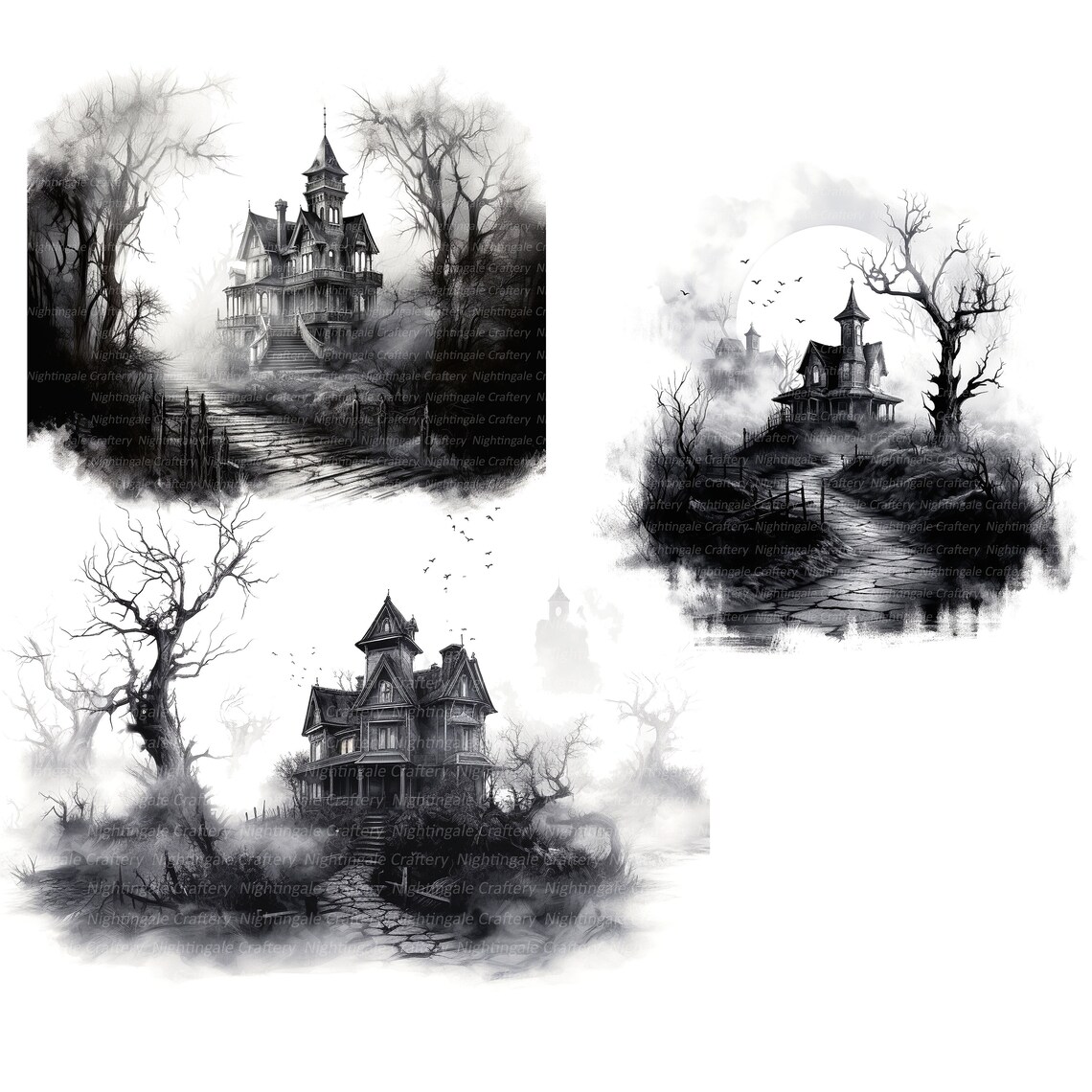14 Haunted House Ink Art Clipart, Printable Watercolor Clipart, High ...