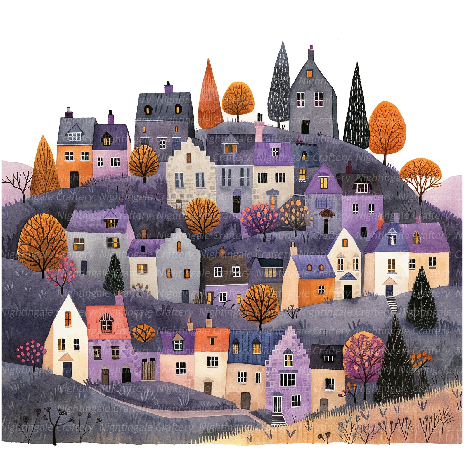 8 Village Clipart, Purple Village, Coloured Houses, Printable ...