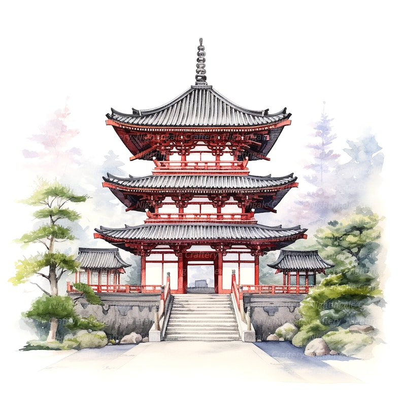 10 Japanese Temple Landscape Clipart, Printable Watercolor Clipart ...