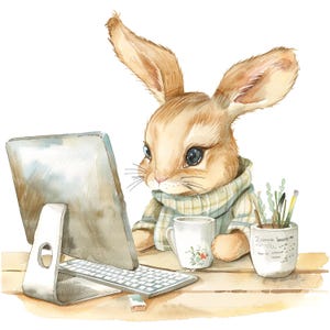 9 Bunny at Computer Clipart, Bunny Clipart, Printable Watercolor ...