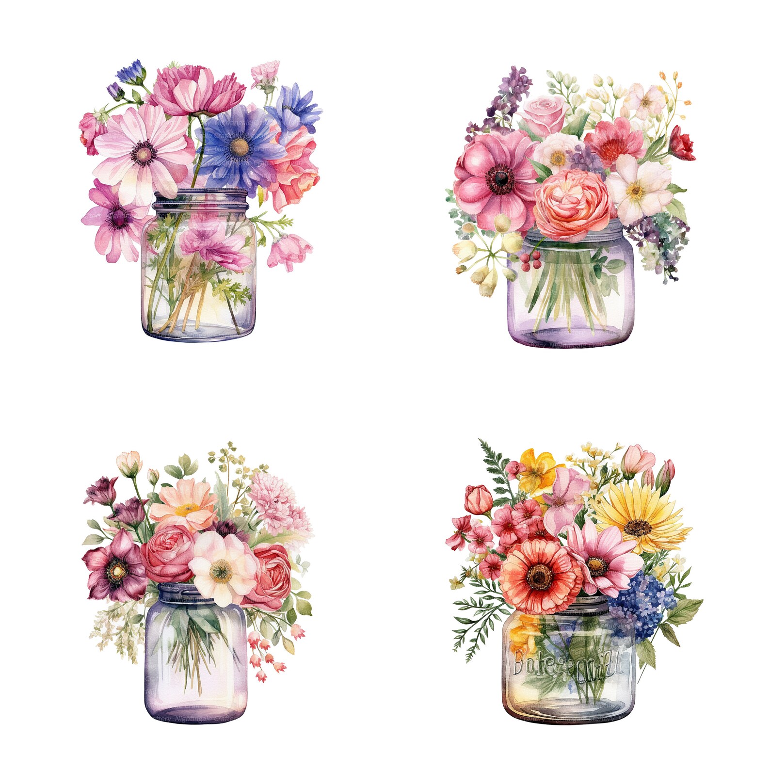 16 Flowers in Jar Clipart, Wild Flowers Clipart, Printable Watercolor ...