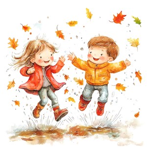 9 Kids in Autumn Clipart, Rain Puddles Clipart, Printable Watercolor ...