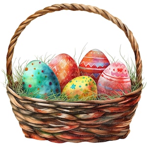 14 Easter Eggs Basket Clipart, Easter Basket, Printable Watercolor ...
