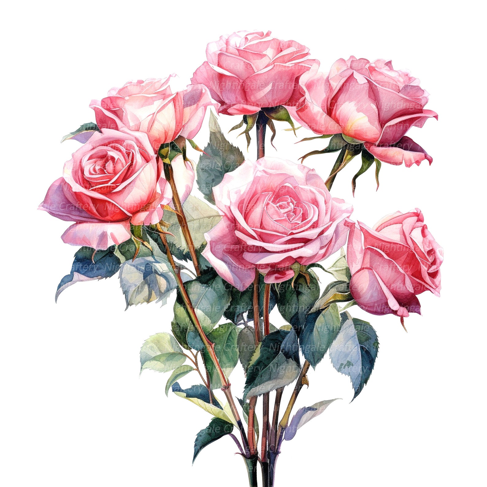 10 Pink Roses Long Stems Clipart, Roses Bouquet, Printable Watercolor ...