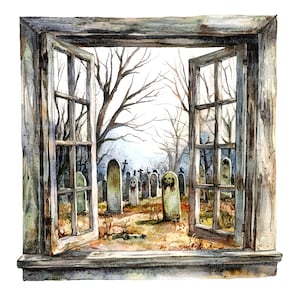 16 Window to Cemetery Clipart, Halloween Cemetery Clipart, Printable ...