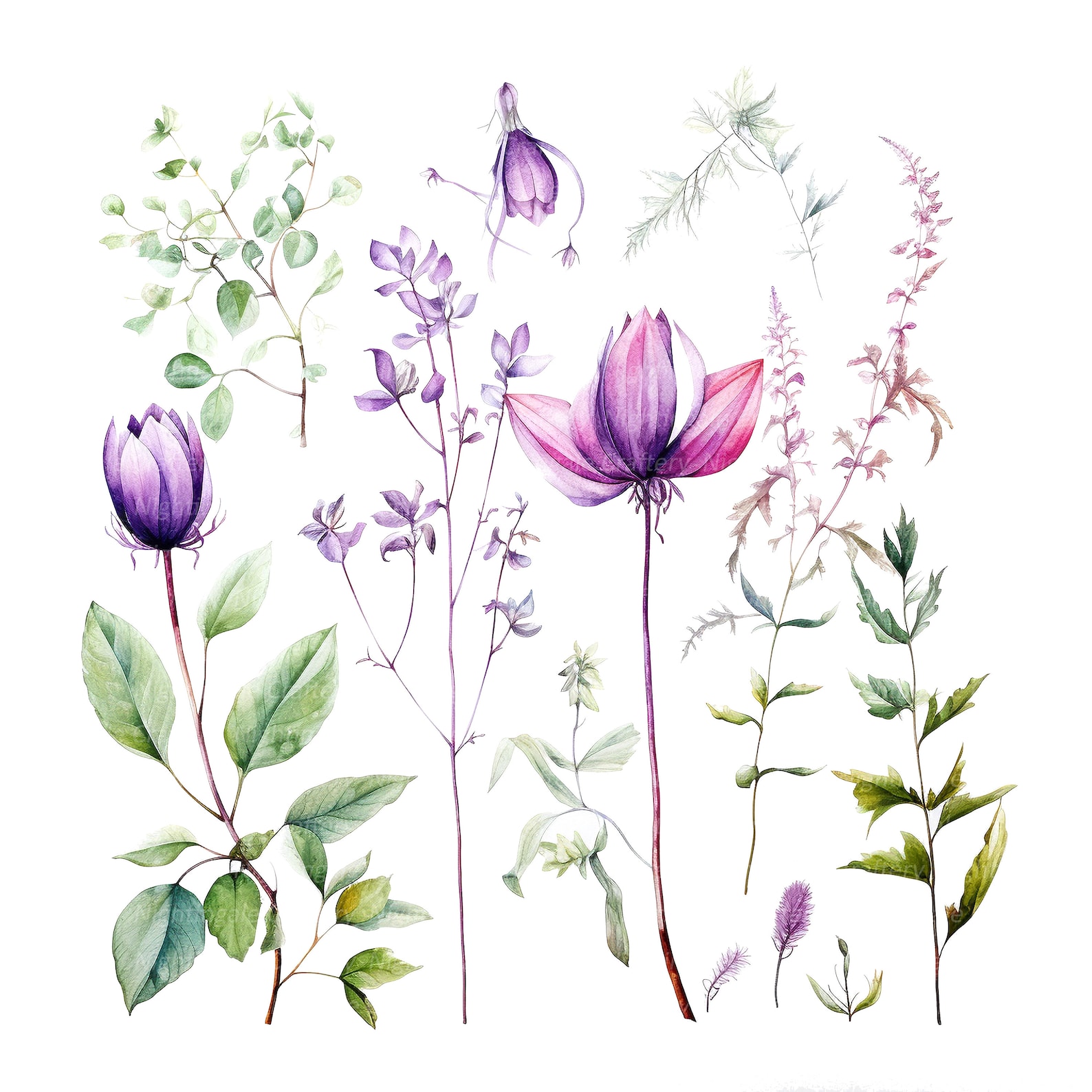 12 Botanical Plant Clipart, Wildflower Plants, Printable Watercolor ...