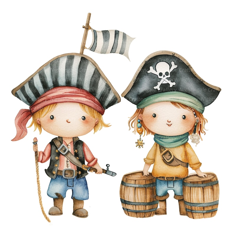 10 Pirates Party Clipart, Cartoon Pirates Print, Printable Watercolor ...