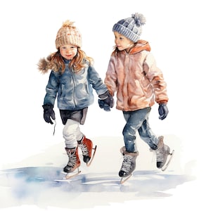 12 Kids Ice Skating Clipart, Kids in Winter, Printable Watercolor ...