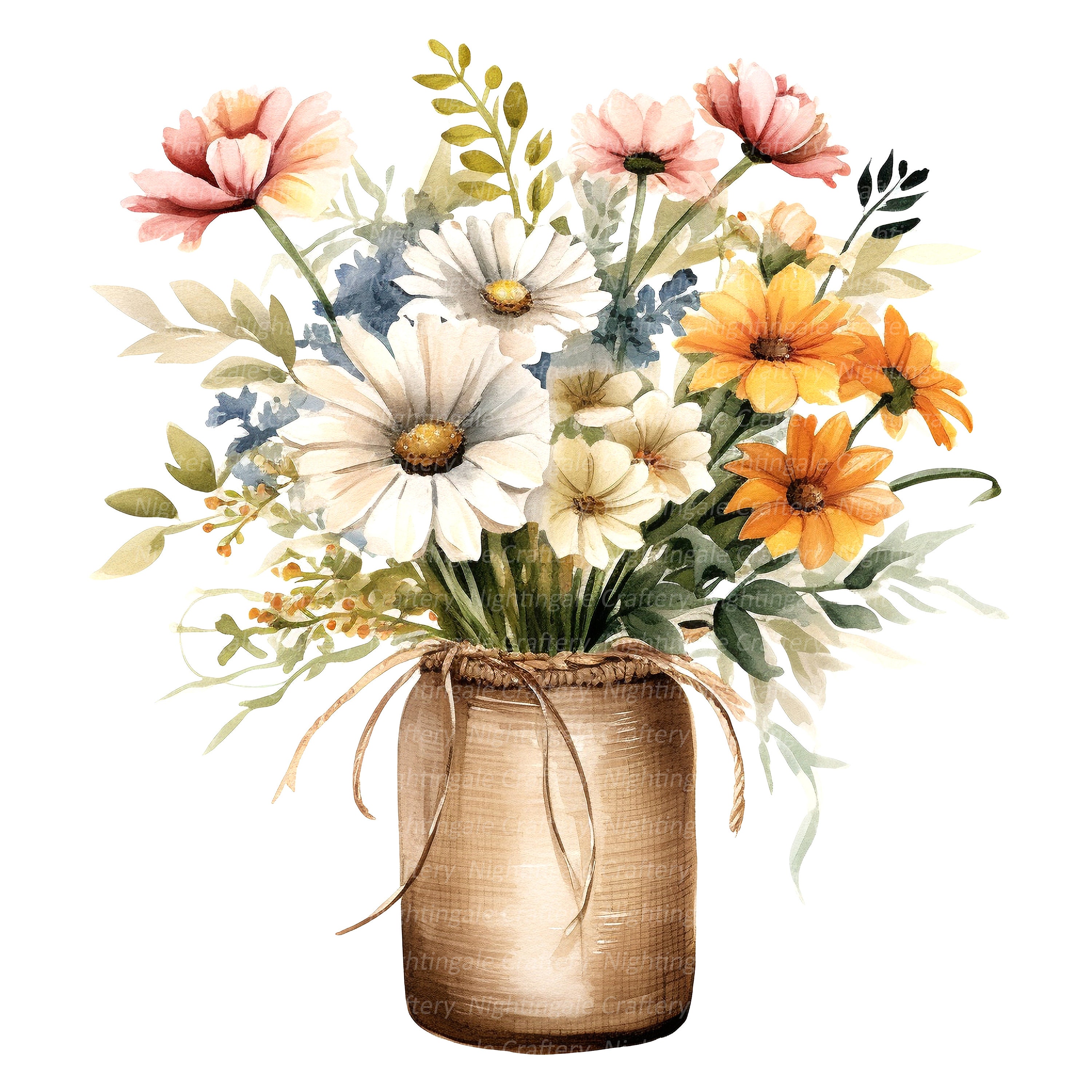 12 Flowers in Rustic Vase Clipart, Daisies, Printable Watercolor ...