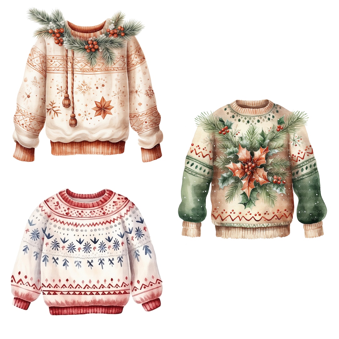 14 Christmas Sweater Clipart, Christmas Jumper, Printable Watercolor ...