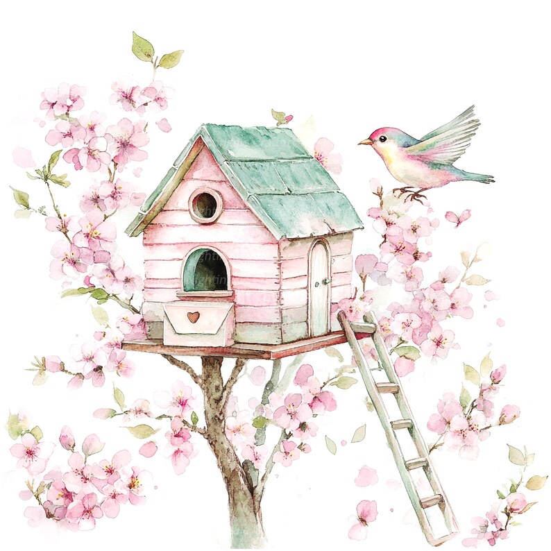 9 Spring Birdhouse Clipart 2, Floral Bird House, Printable Watercolor ...