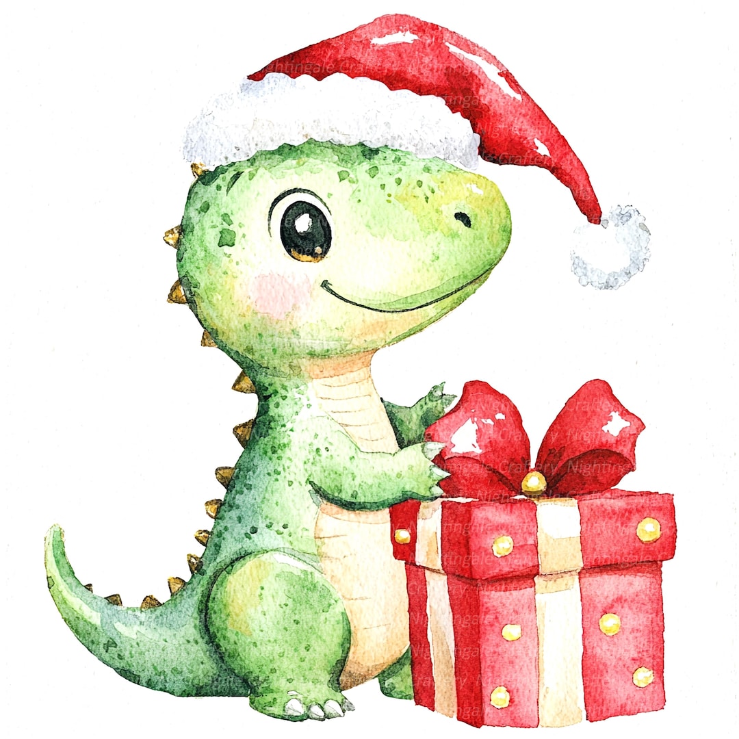12 Christmas Dinosaur Clipart, Cartoon Dinosaur, Printable Watercolor ...