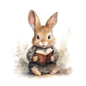 12 Bunny Reading Book Clipart, Bunny Clipart, Printable Watercolor ...