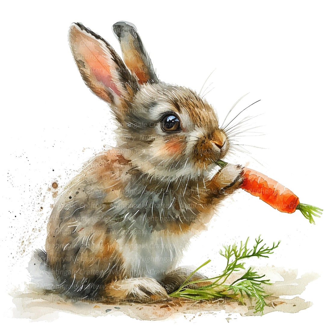 10 Bunny With Carrot Clipart, Rabbit Clipart, Printable Watercolor ...