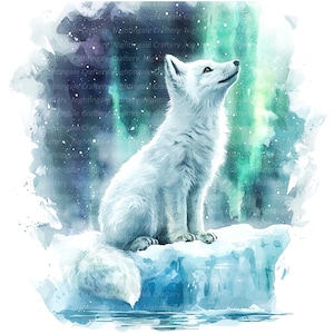 10 Polar Fox Clipart, Northern Lights Print, Printable Watercolor ...
