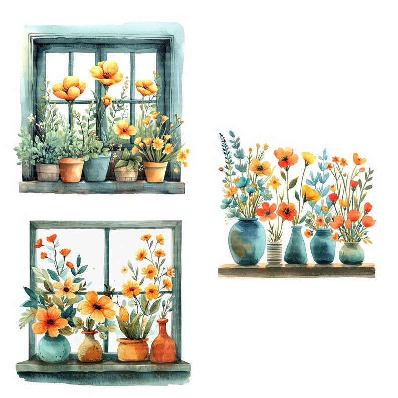 14 Spring Flowers Window Clipart, Flowerpots, Printable Watercolor ...