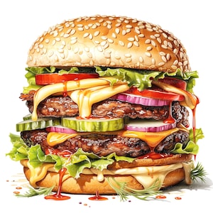 10 Tasty Hamburger Clipart, Fast Food Clipart, Printable Watercolor ...