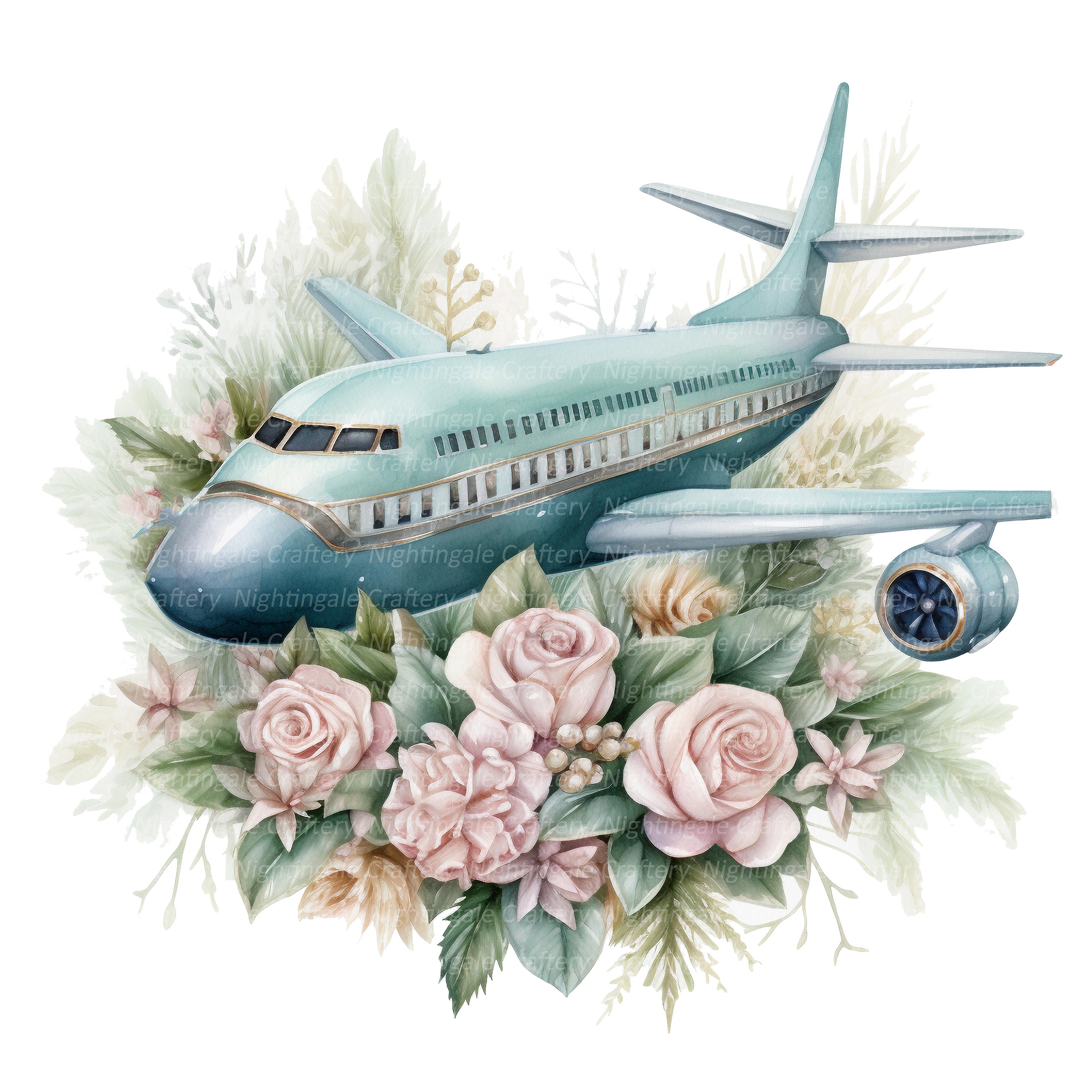 10 Floral Plane Clipart, Vintage Plane, Printable Watercolor Clipart ...