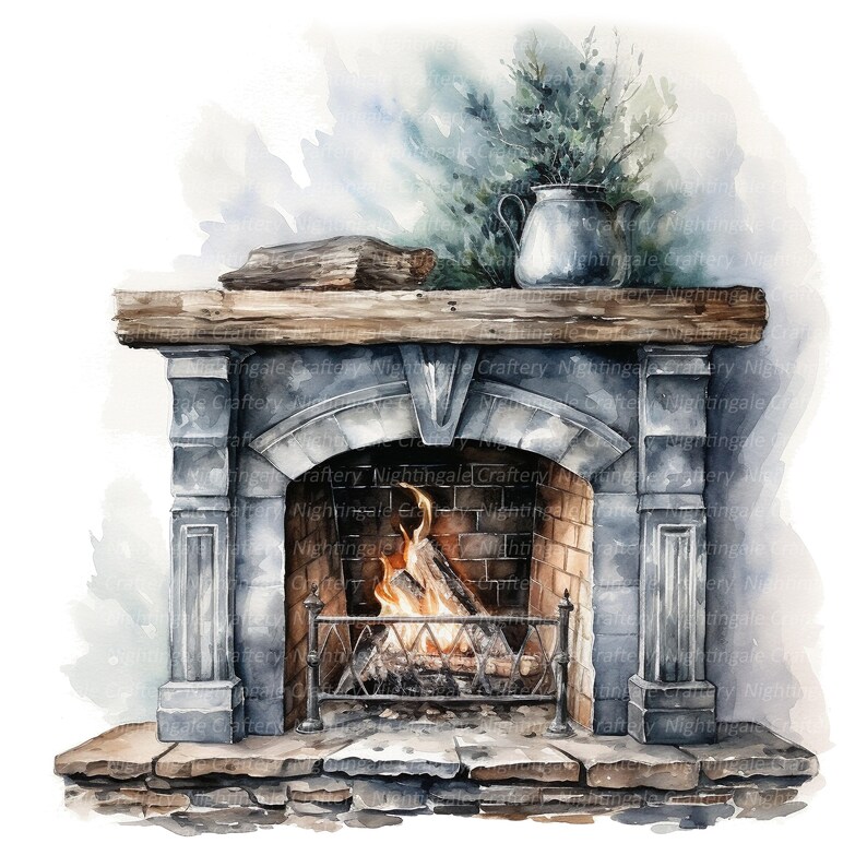 10 Fireplace Clipart, Printable Watercolor Clipart, High Quality Jpgs ...