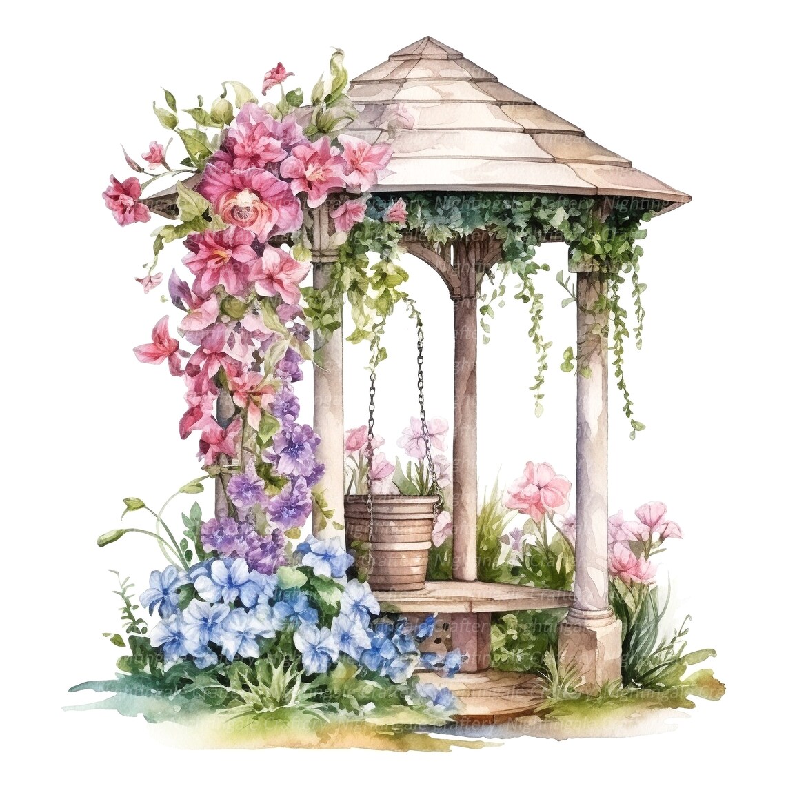 9 Floral Wishing Well Clipart, Garden Well, Printable Watercolor ...