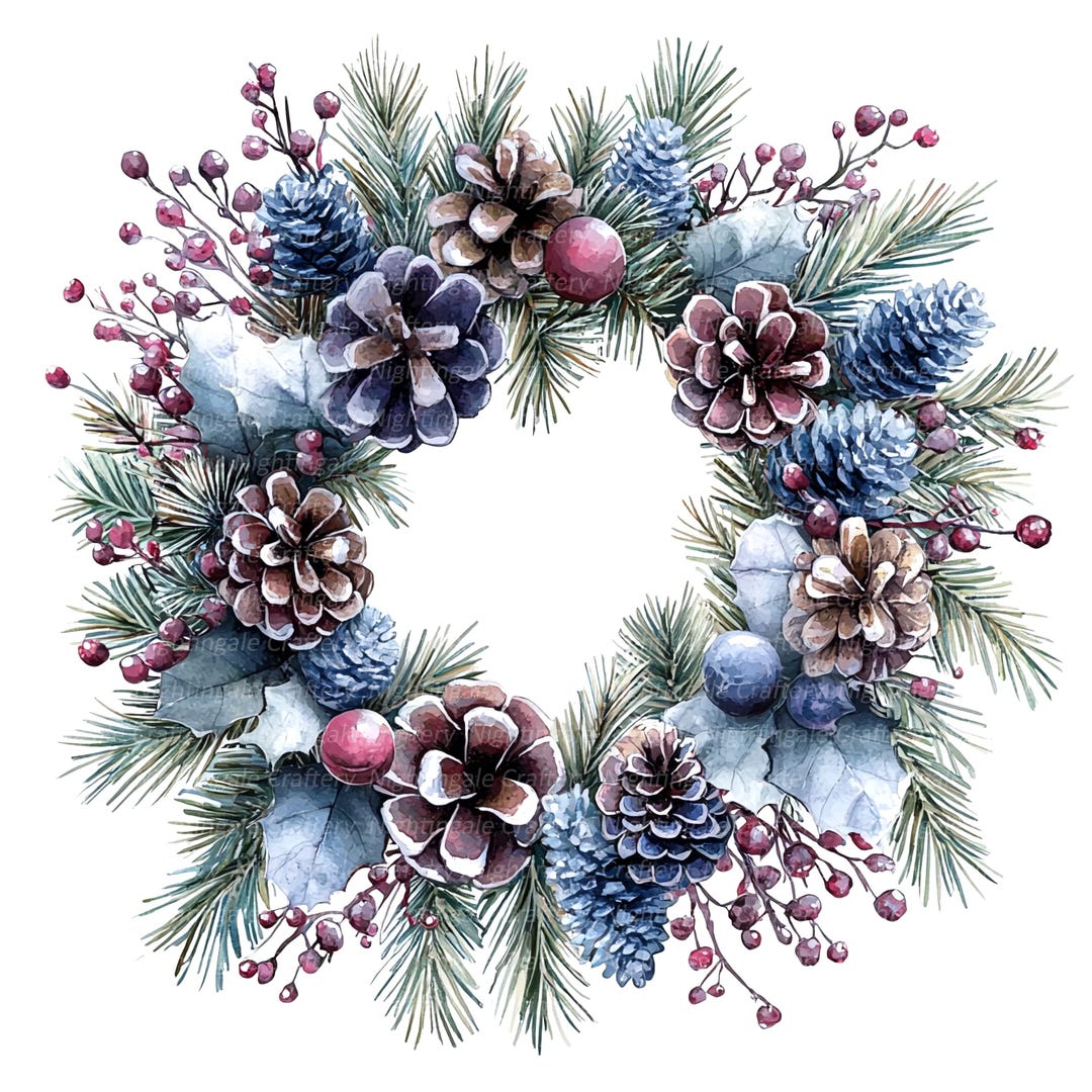 10 Frosty Christmas Wreath Clipart, Winter Wreath, Watercolor Clipart ...