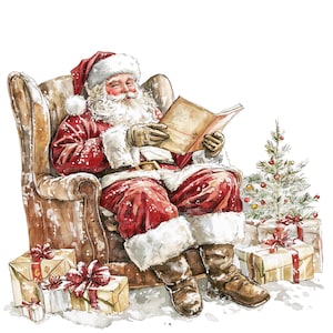 9 Christmas Santa Reading Letter Clipart, Printable Watercolor Clipart ...