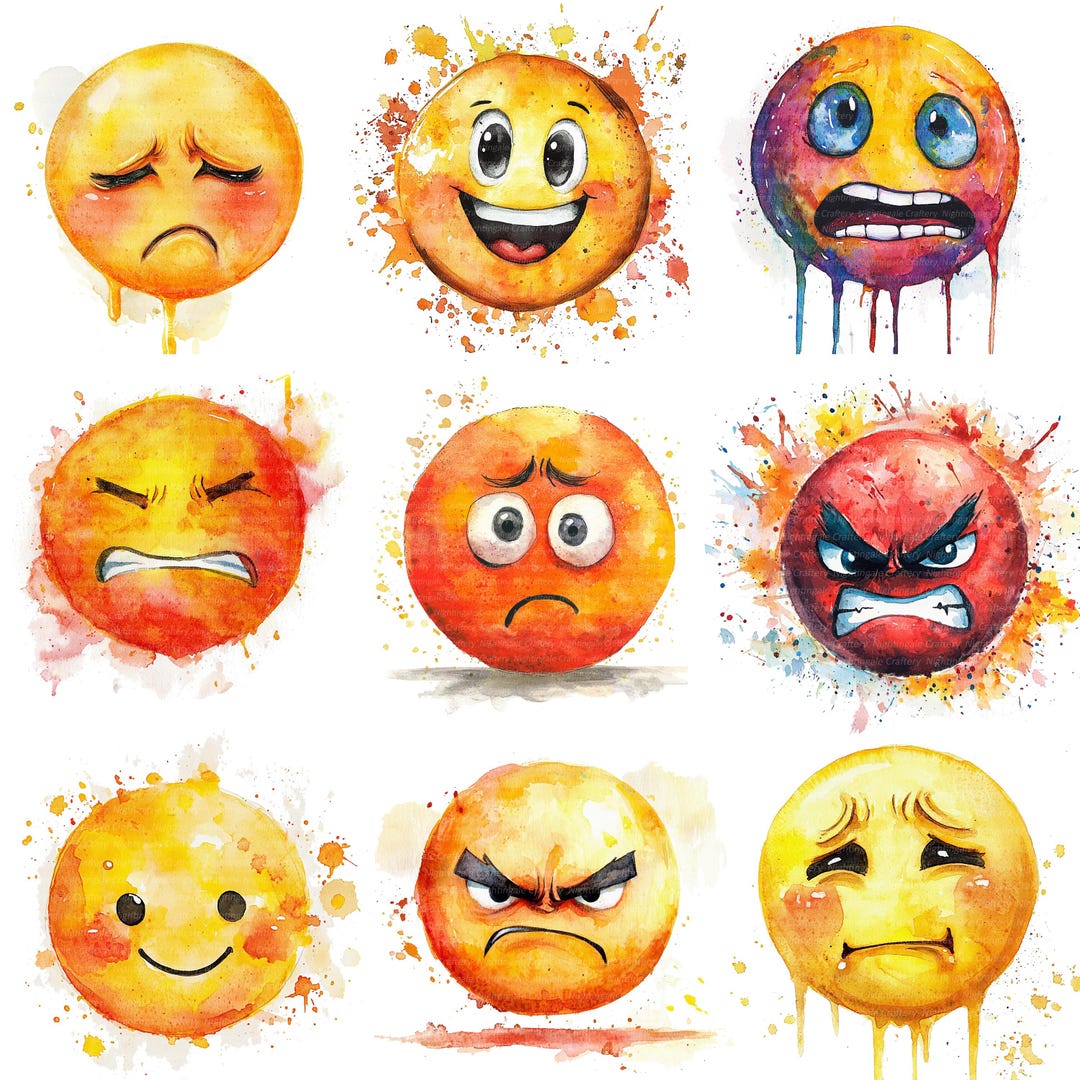 20 Emoji Emoticons Clipart, Smiley Clipart, Digital Clipart, Watercolor ...