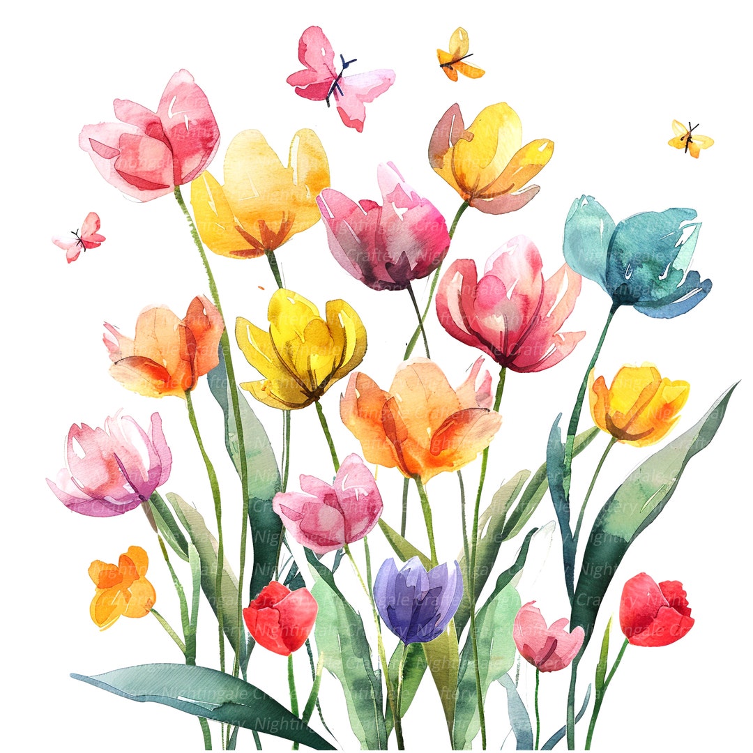 10 Spring Flowers Clipart, Tulips Clipart, Printable Watercolor Clipart ...