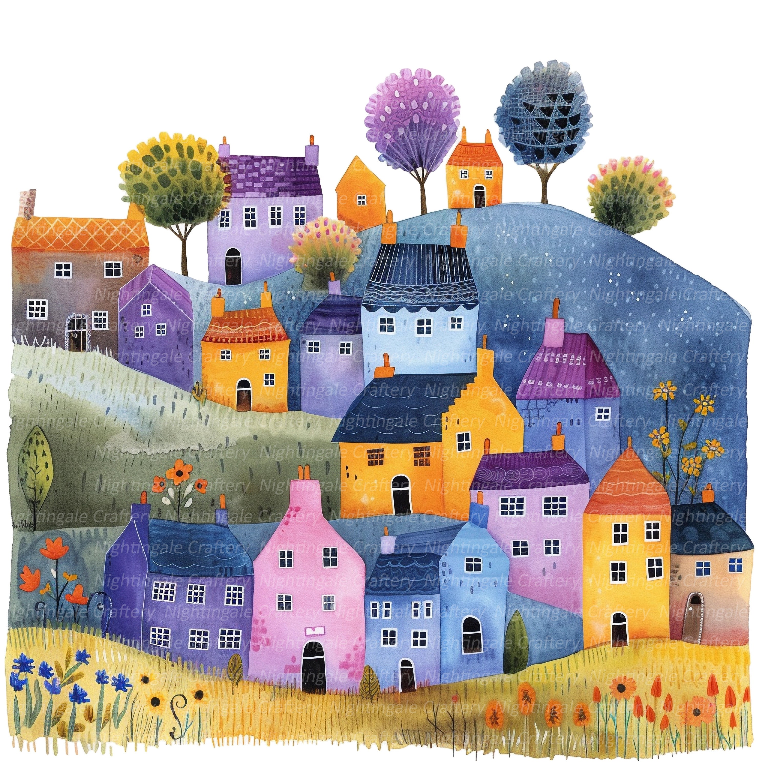 8 Village Clipart, Purple Village, Coloured Houses, Printable ...