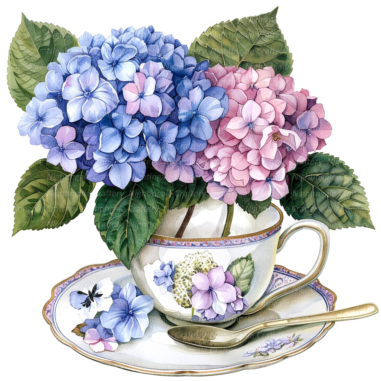 10 Hydrangea in Tea Cup Clipart, Floral Tea Cup, Printable Watercolor ...