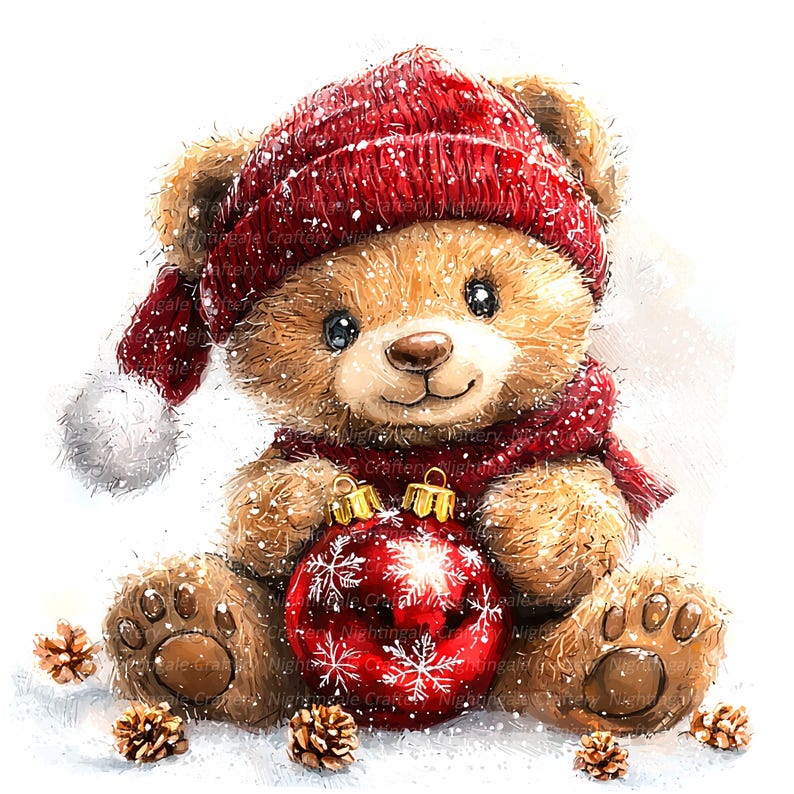 8 Christmas Teddy Bear Clipart, Christmas Card, Printable Watercolor ...